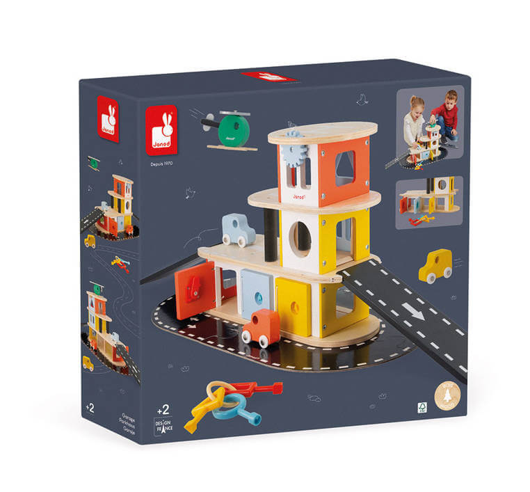 Drewniany garaż piętrowy z 4 akcesoriami Bolid 2+ / Janod J04636 ...